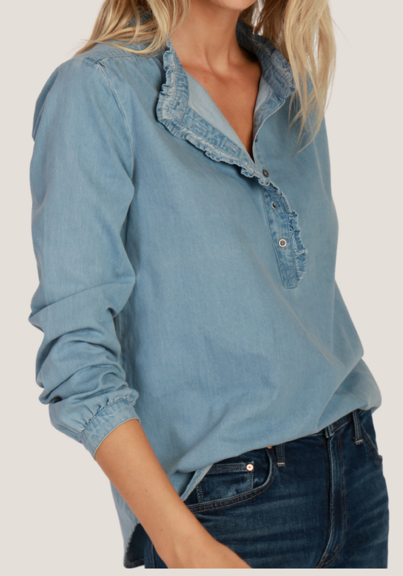 Dylan Womens Denim Ruffle Up Blouse – Bolt Ranch Store